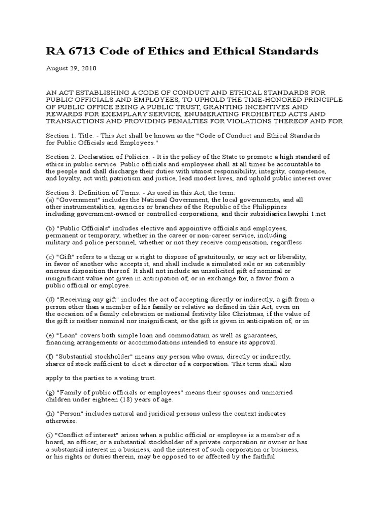 RA 6713 Code of Ethics and Ethical Standards | Legal Personality ...