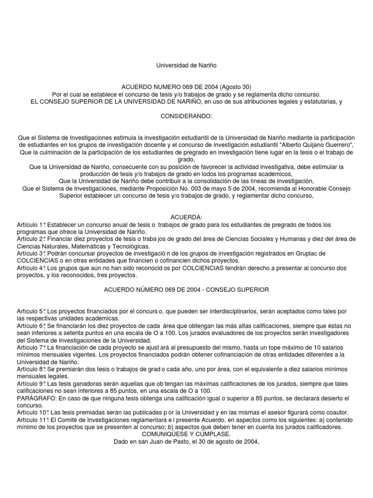 ACUERDO069 de 2004 Reglamentación de Tesis | PDF | Science | Ciencia ...