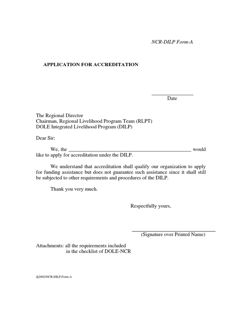 NCR-DILP Accreditation Application Form | PDF | Unemployment Benefits ...