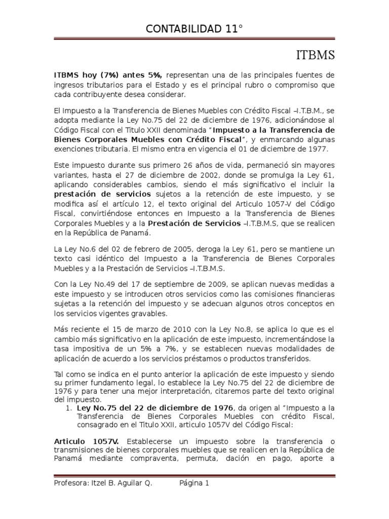 Ley del ITBMS en Panamá: Evolución y Aplicación | PDF | Impuestos ...