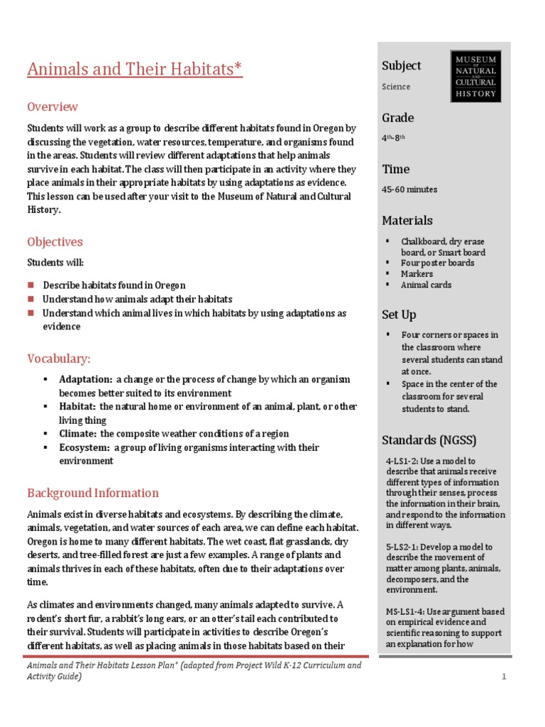 Oregon Animal Habitats Lesson Plan | PDF | Habitat | Adaptation