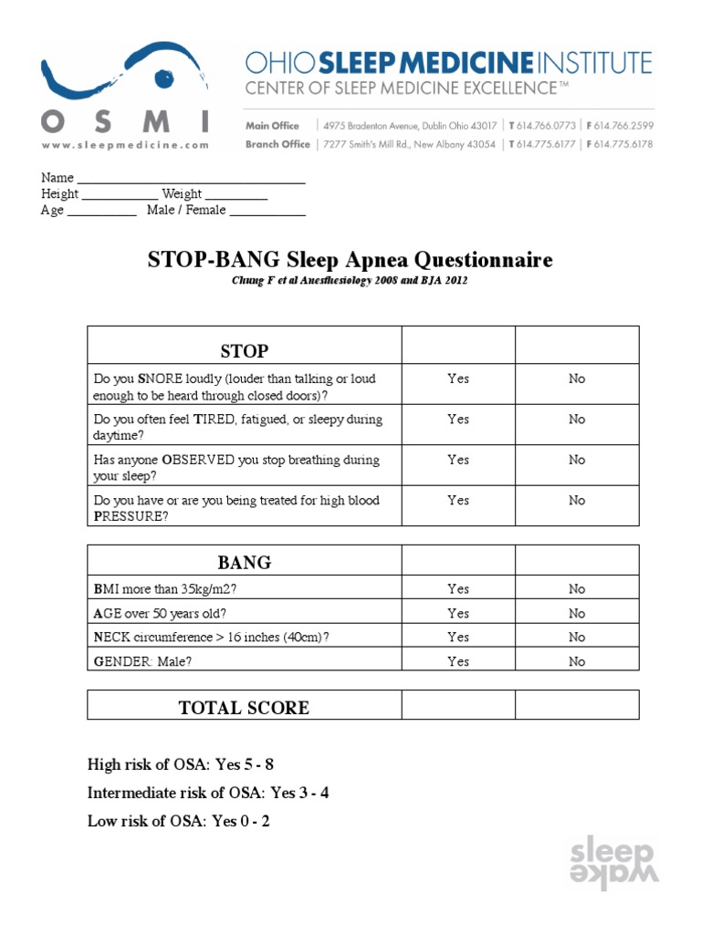 STOP-BANG Sleep Apnea Assessment Tool | PDF | Wellness | Lifestyle