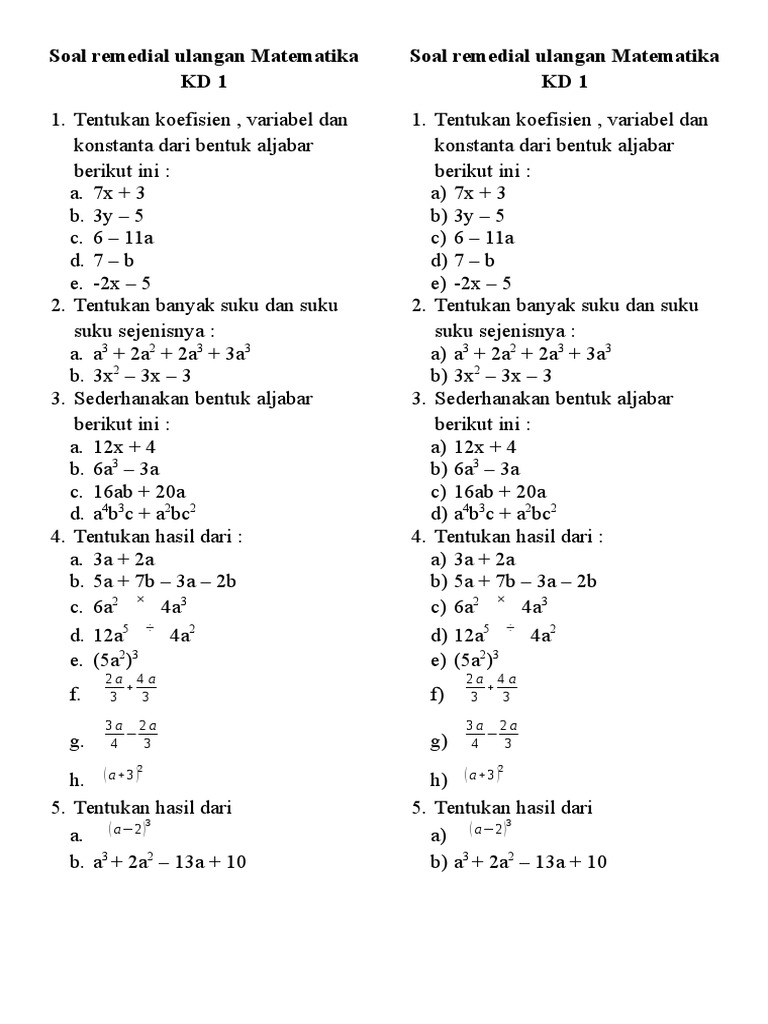 Soal Remedial Ulangan Matematika KD 1 | PDF | Metode & Bahan Ajar