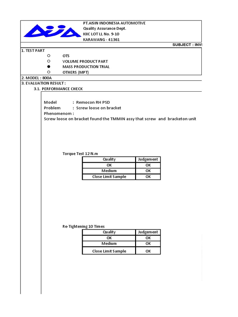 Model: Remocon RH PSD Problem: Screw Loose On Bracket Phenomenom: Screw ...