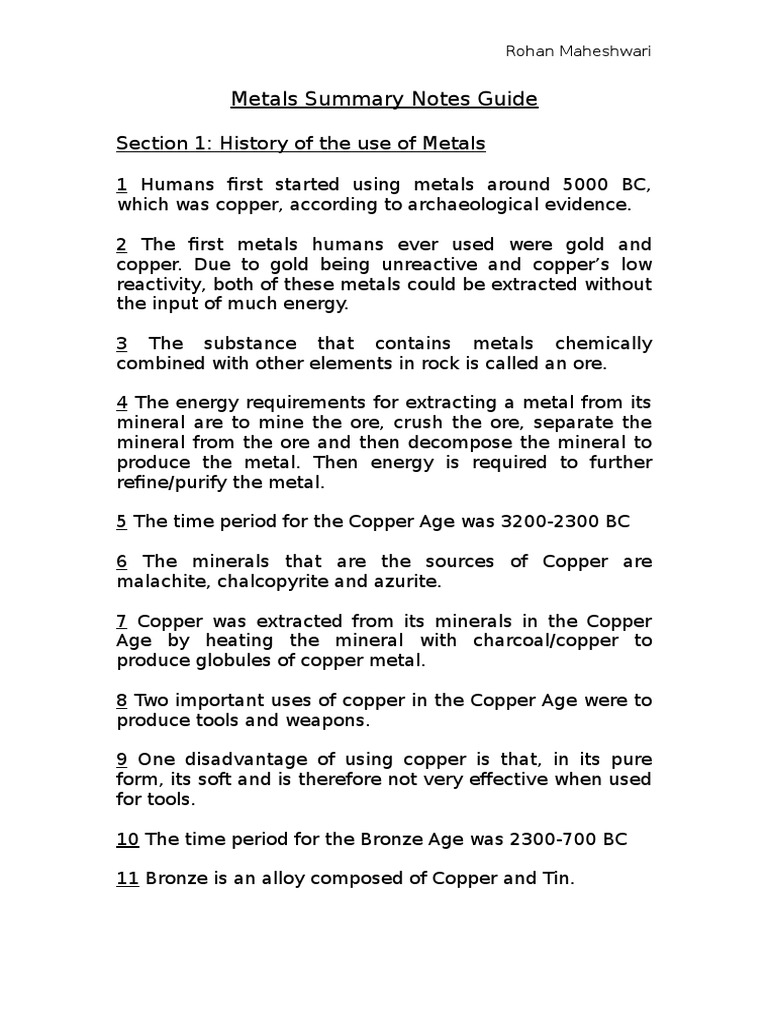 Metals Summary Notes Guide | PDF | Atoms | Metals