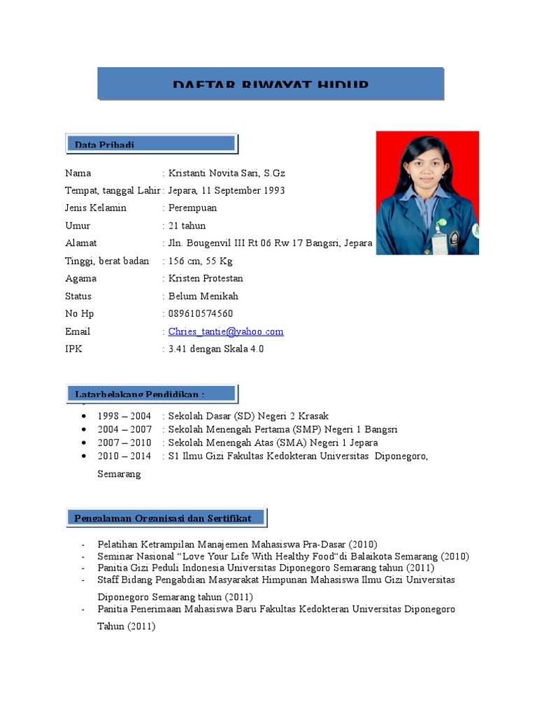 CV Mahasiswa Gizi Kristanti Novita Sari | PDF | Pengembangan Diri ...
