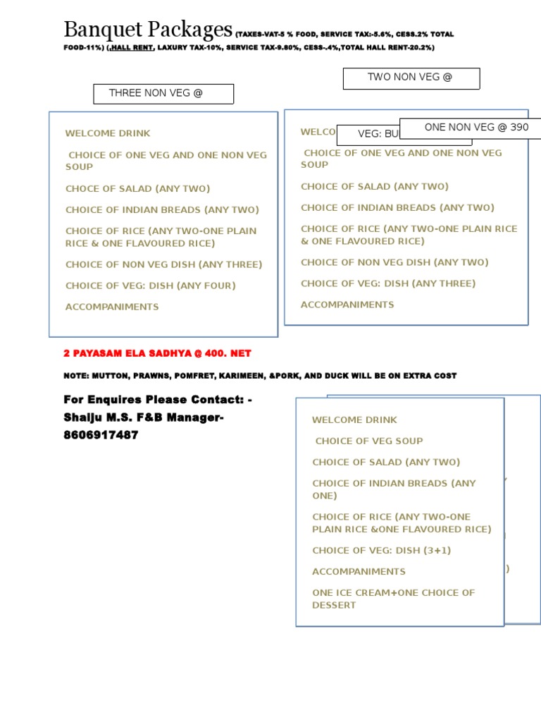 Banquet Packages: Three Non Veg at 510+ TAX Two Non Veg at 450+ TAX ...