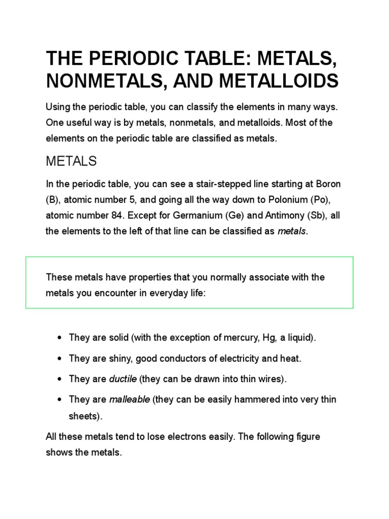 Metals, Nonmetals, and Metalloids Overview | PDF