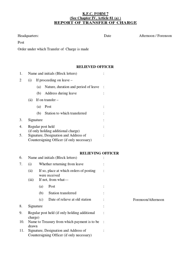 RTC Form 7: Transfer of Charge Report | PDF