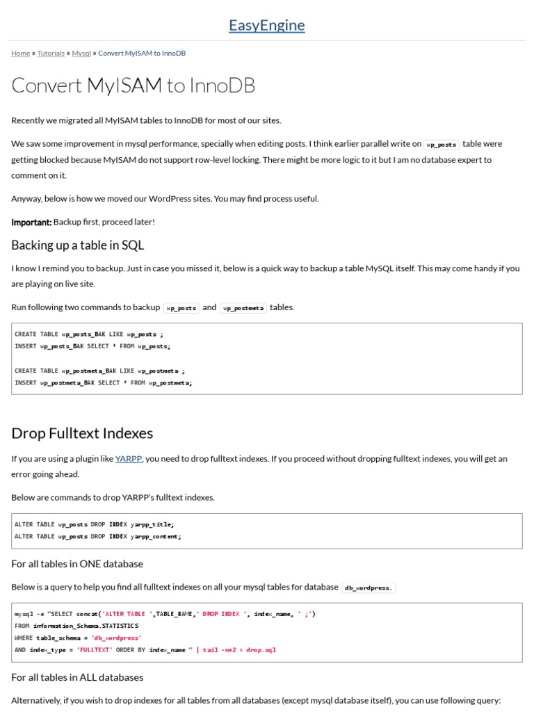 WordPress - Convert MyISAM To InnoDB | Download Free PDF | Database Index | Sql