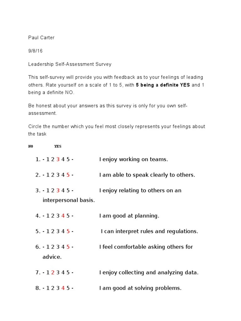 Leadership Self Assessment | PDF | Leadership | Educational Assessment