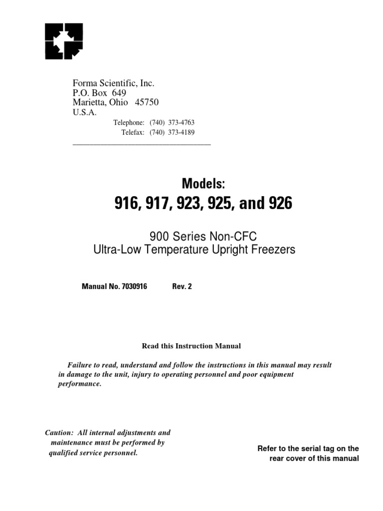 Forma Scientific - 86 Freezer Models 916 - 917 - 923 - 925 - and 926 ...