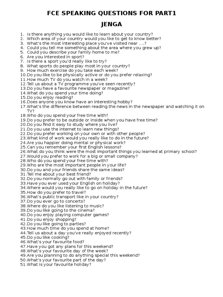 Fce Speaking Questions For Part1
