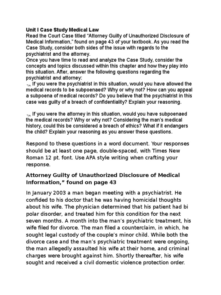 Case Study Medical Law | PDF | Psychiatry | Medical Record