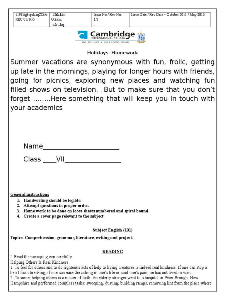 Holidays Homework Grade 7 | PDF
