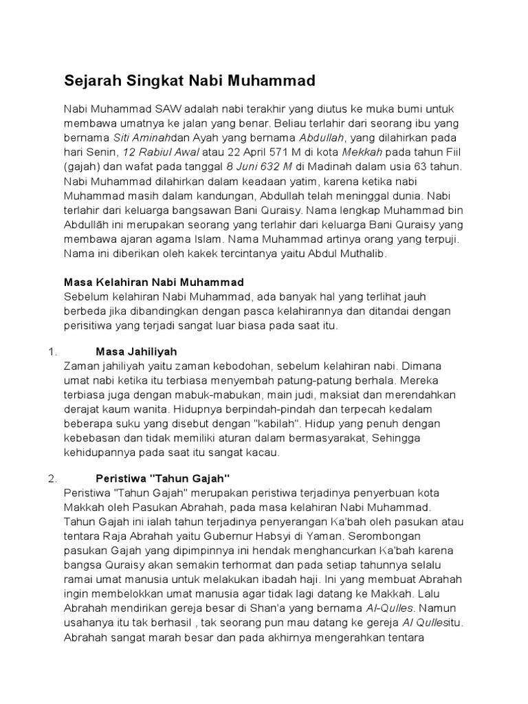 Sejarah Singkat Nabi Muhammad | PDF | Agama & Spiritualitas