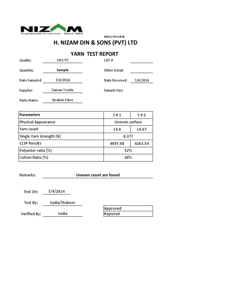 14s PC Yarn Lab Report | PDF