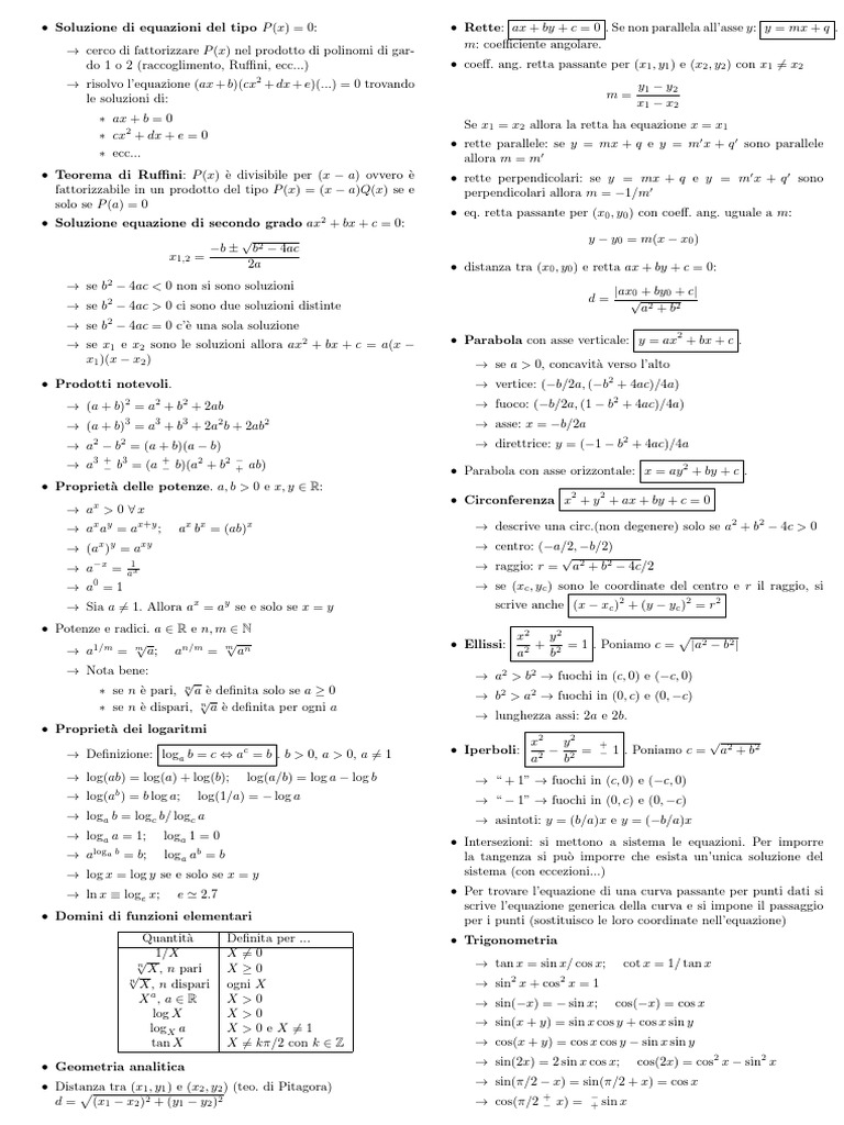 Formulario Di Matematica Geometria Analitica e Trigonometria | PDF