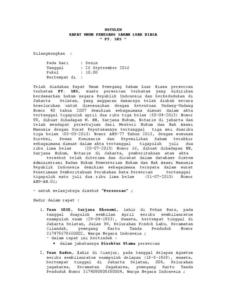 Draft Notulen RUPS Akuisisi | PDF | Hukum