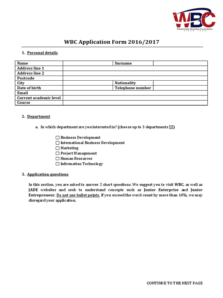 WBC Application Form 2016/2017 | PDF