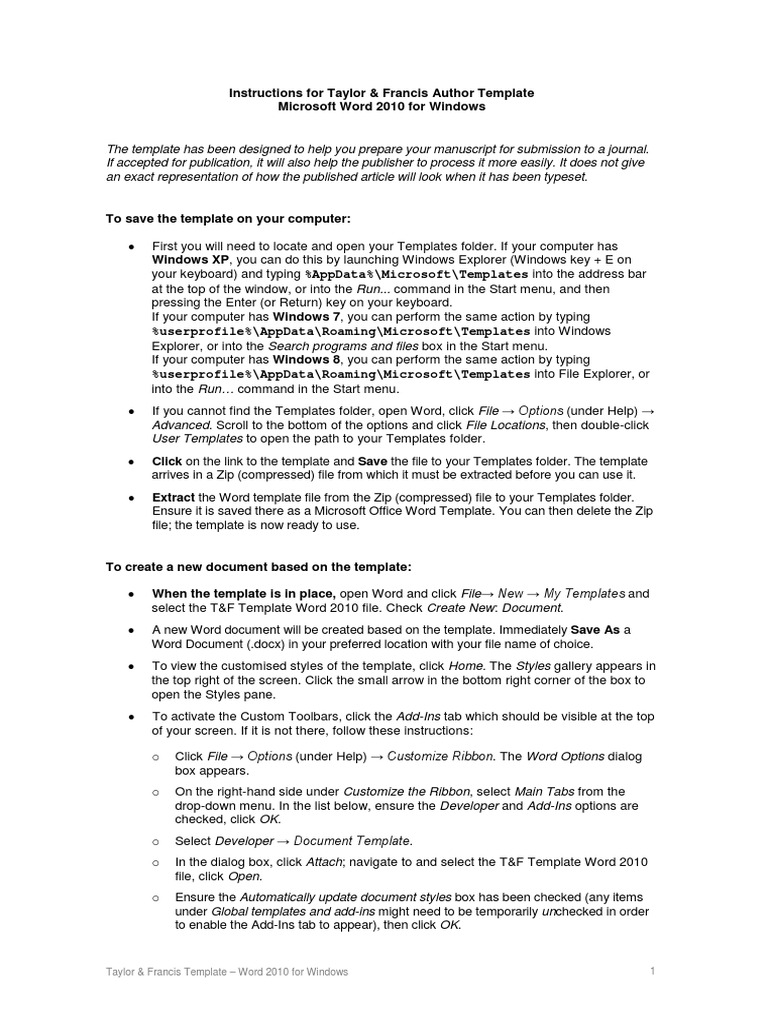 Taylor & Francis Word 2010 Template Guide | PDF | Microsoft Word ...