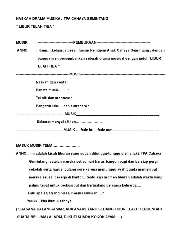 Naskah Drama Musikal Tpa Cahaya Gemintang | PDF