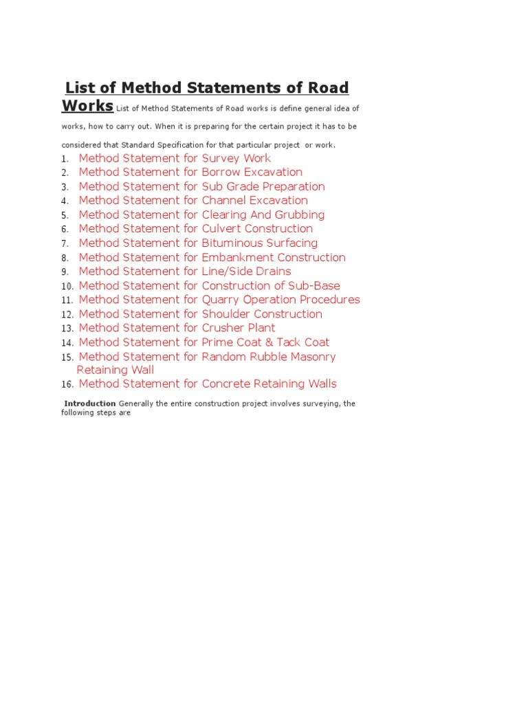 Method Statements of Road Works | PDF | Quality Assurance | Concrete