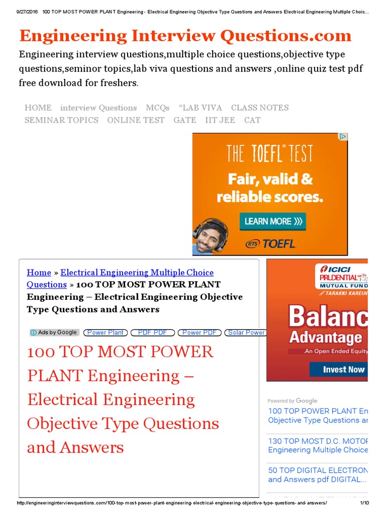100 Top Most Power PLANT Engineering - Electrical Engineering Objective ...