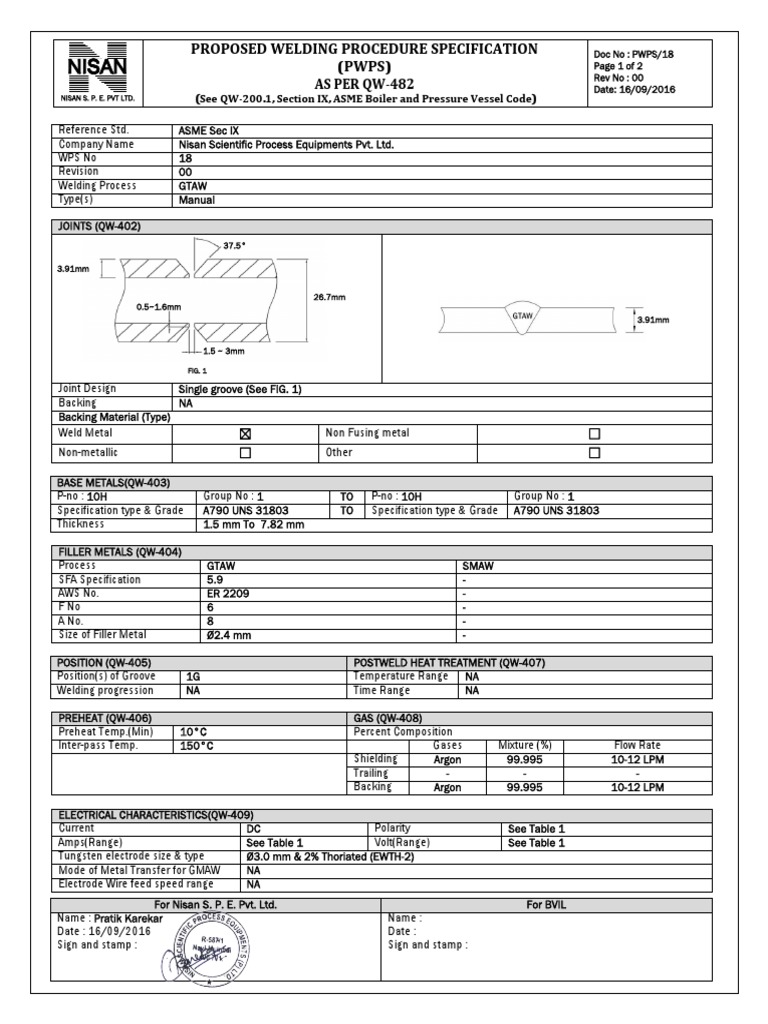 Proposed Welding Procedure Specification (PWPS) : As Per Qw-482 | PDF ...