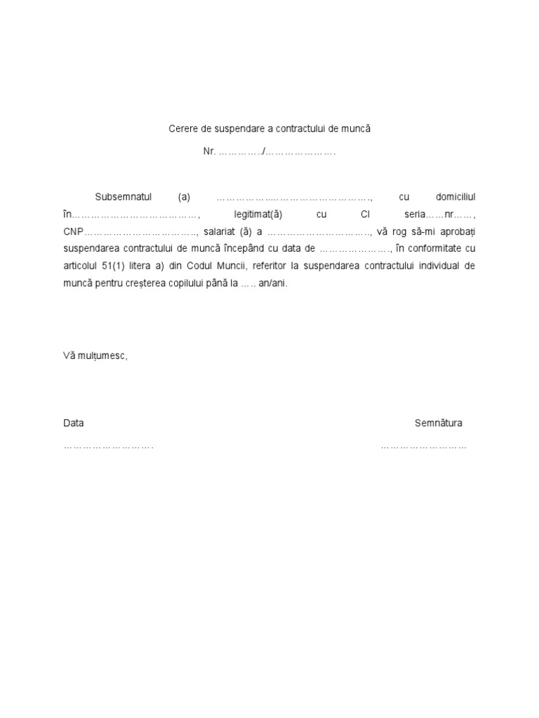 Model Cerere Suspendare Contract Pentru Concediu Crestere Copil