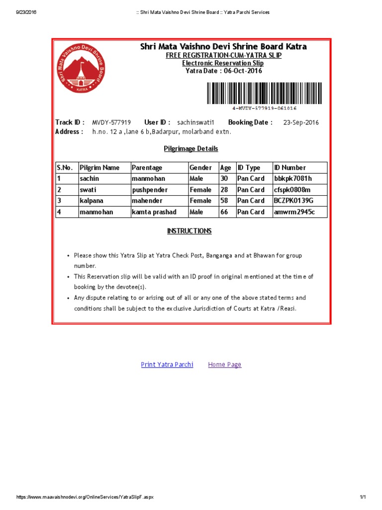 Shri Mata Vaishno Devi Shrine Board - Yatra Parchi Services | PDF