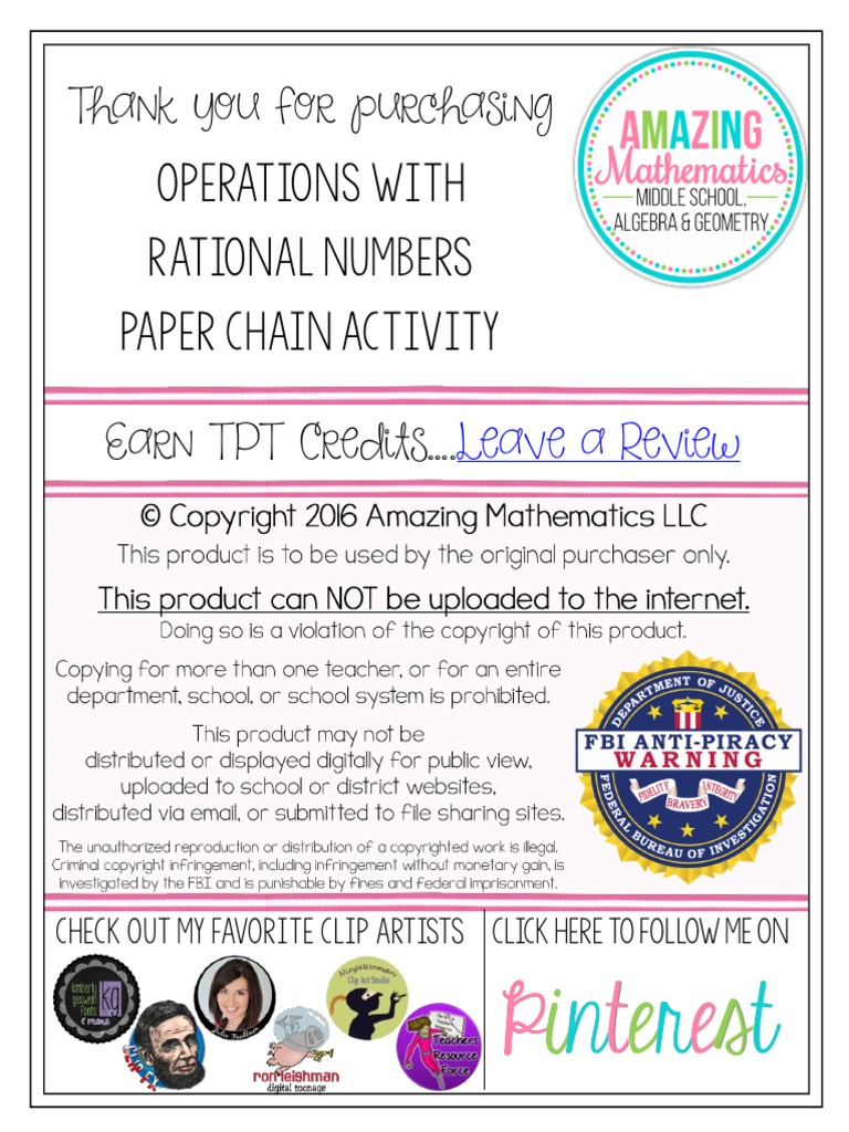 Operations With Rational Numbers Paper Chain Activity: P I N T e R e S ...