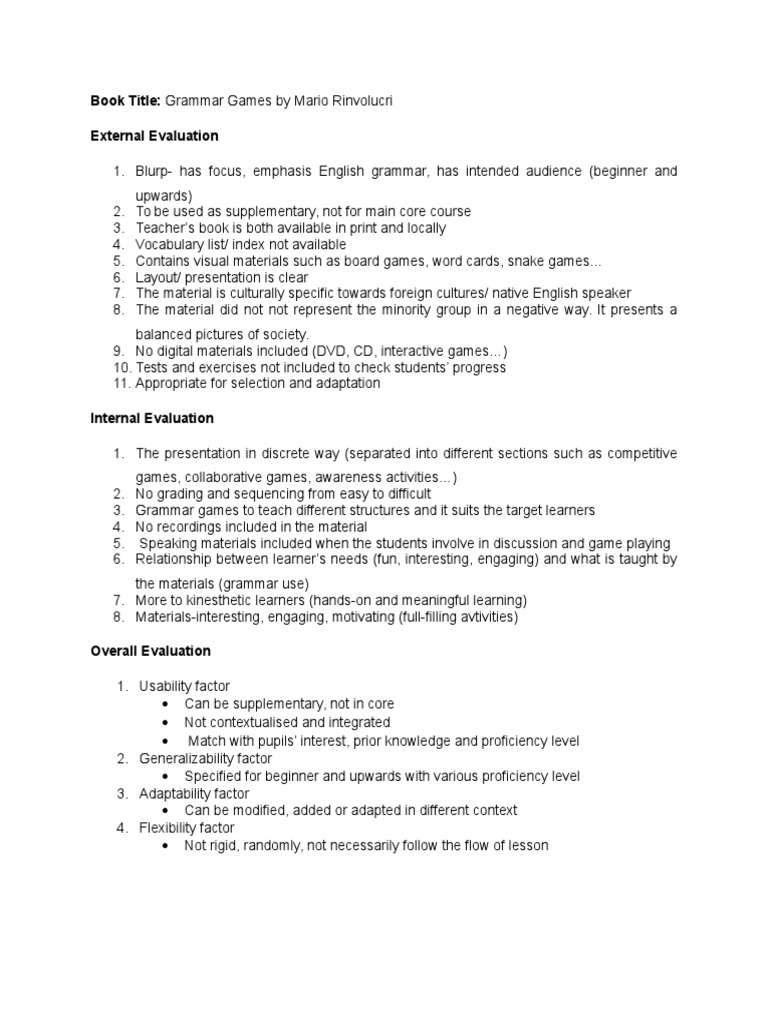 Book Title: Grammar Games by Mario Rinvolucri External Evaluation | PDF