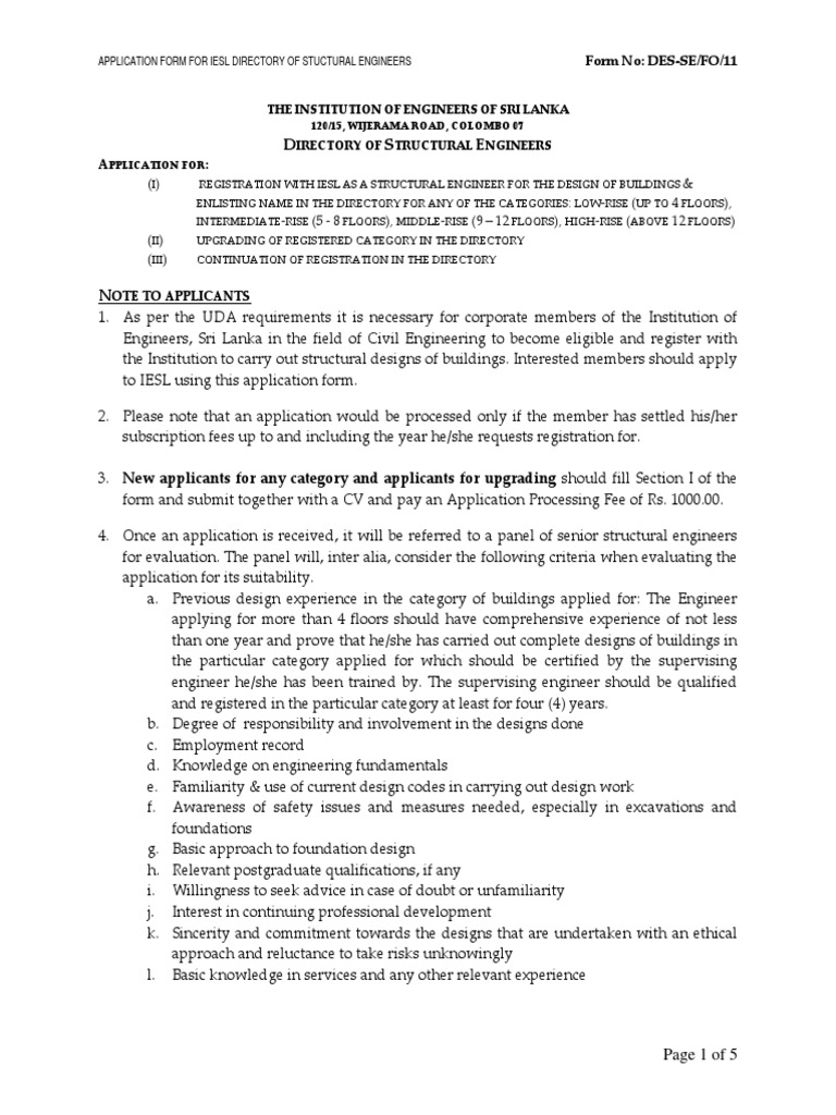 Application Form To Register As A Structural Engineer and To Get Listed ...