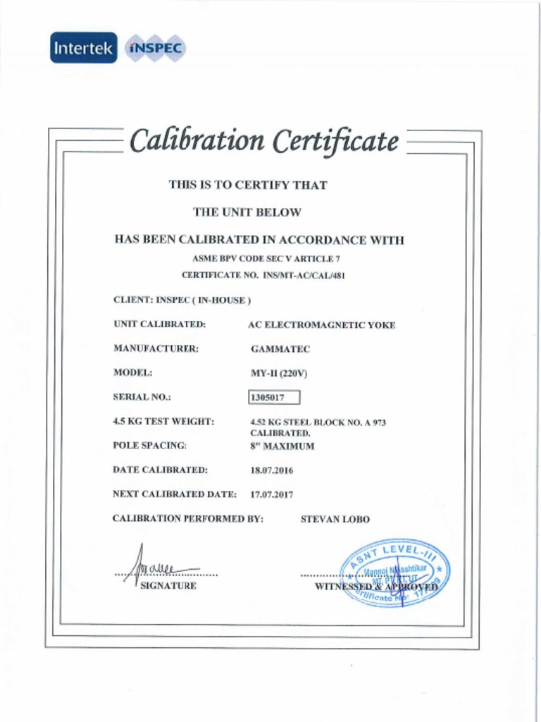 AC Yoke Calibration Certf. | PDF