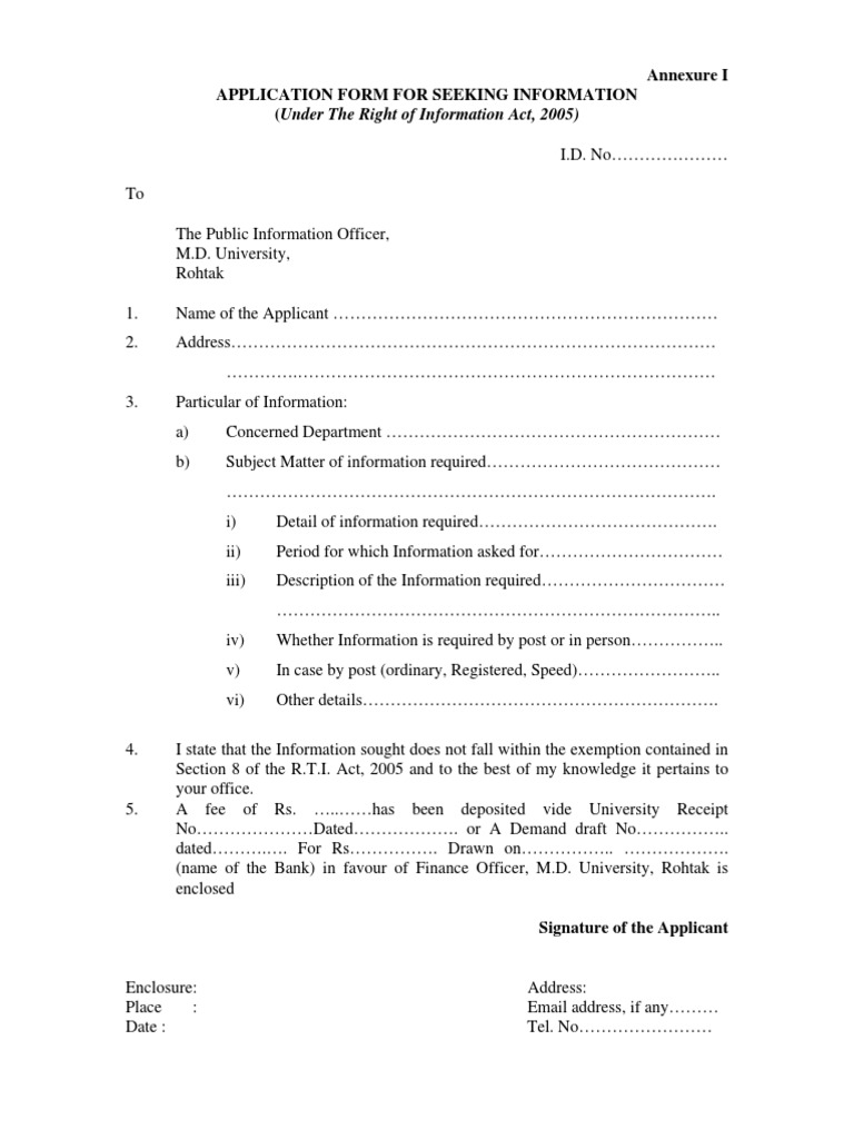 Annexure I Application Form For Seeking Information (Under The Right of ...