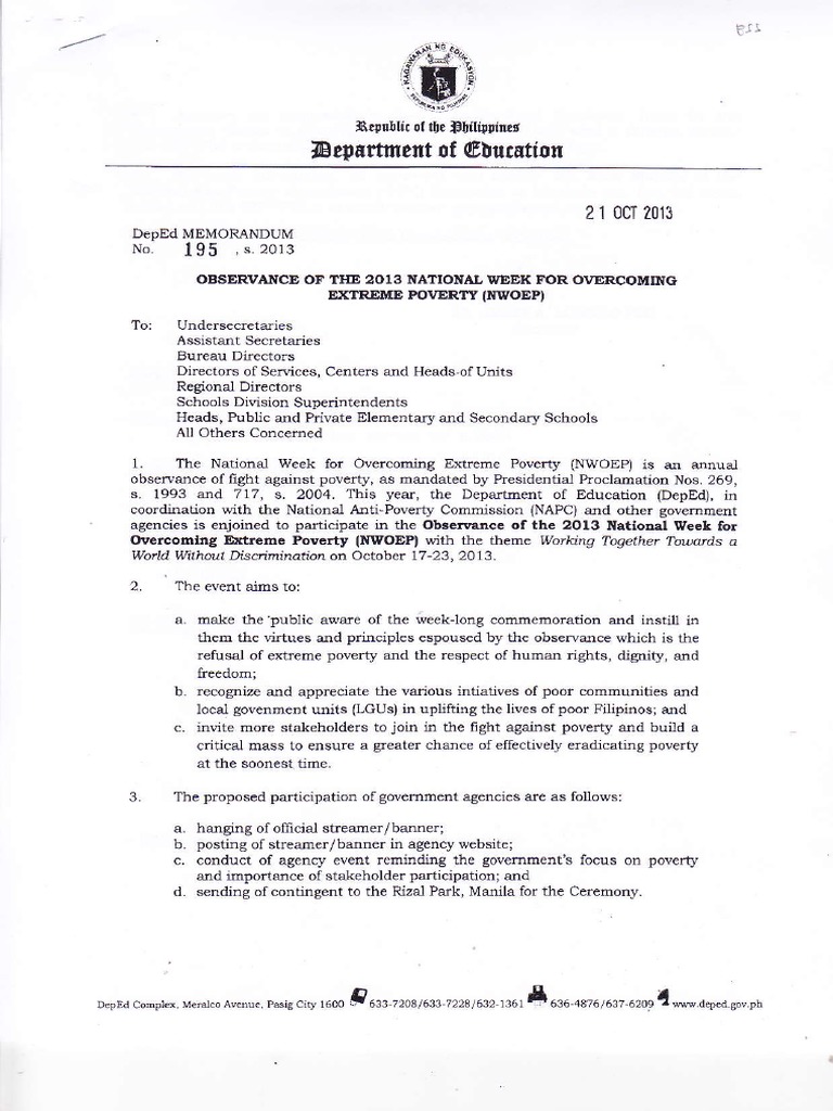 DepEd Memo No. 195 s.2013 PDF | PDF | Poverty | Poverty & Homelessness