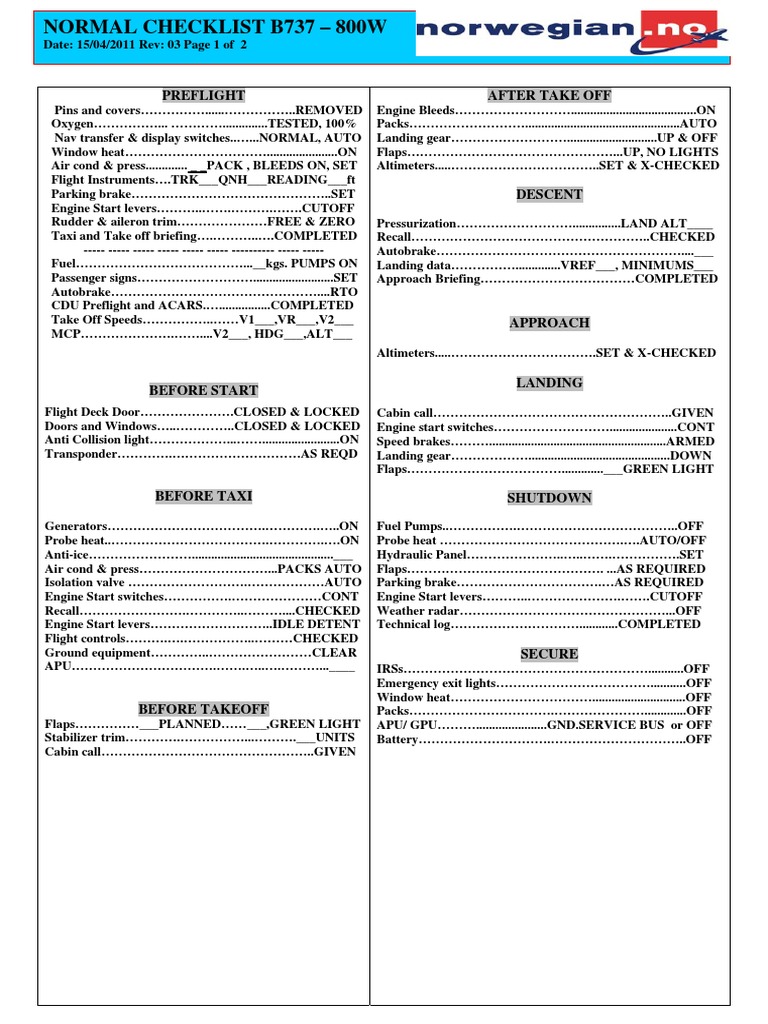 Checklist_Boeing_737-800_15-04-2011 | Spaceflight Technologies | Aviation