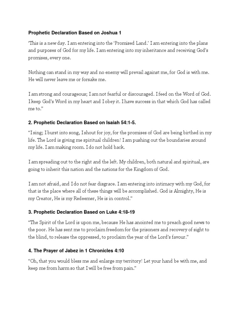 Prophetic Declaration Based On Joshua 1 | PDF | Bible | Revelation