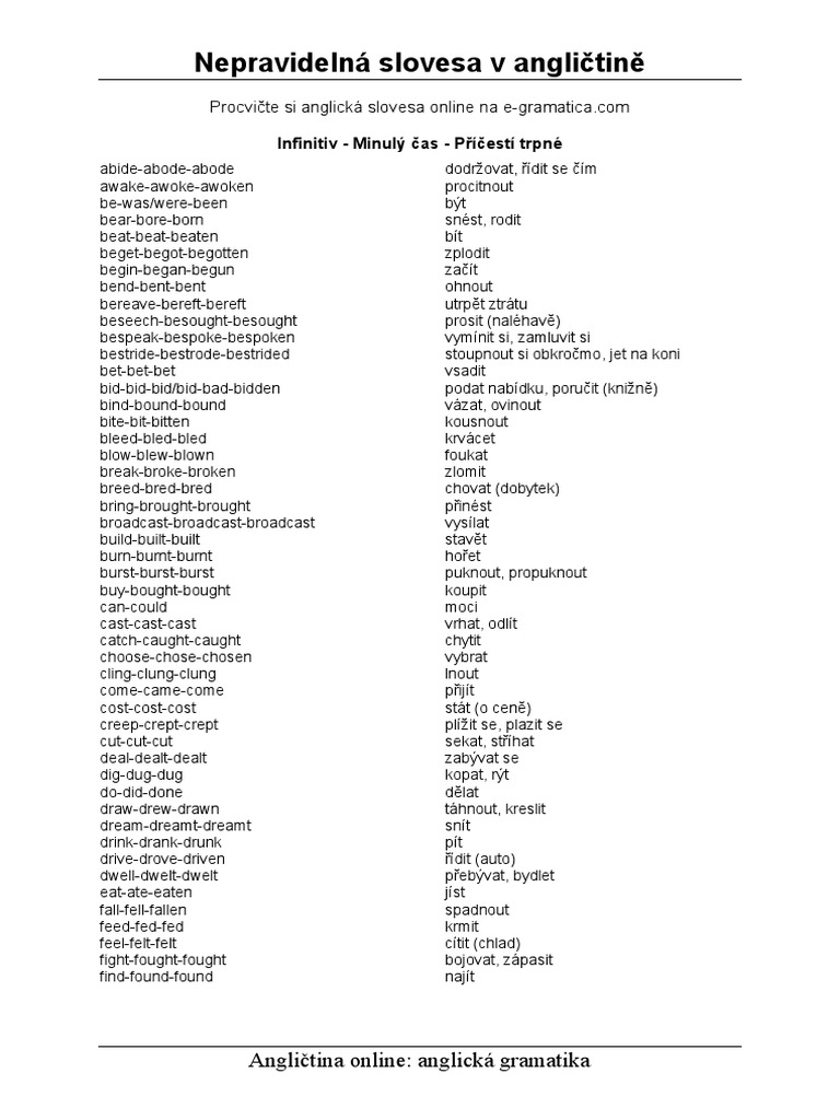Nepravidelna Slovesa Anglictina | PDF