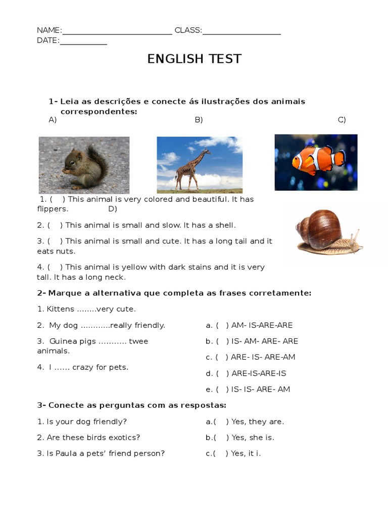 English Test: 1-Leia As Descrições e Conecte Ás Ilustrações Dos Animais ...