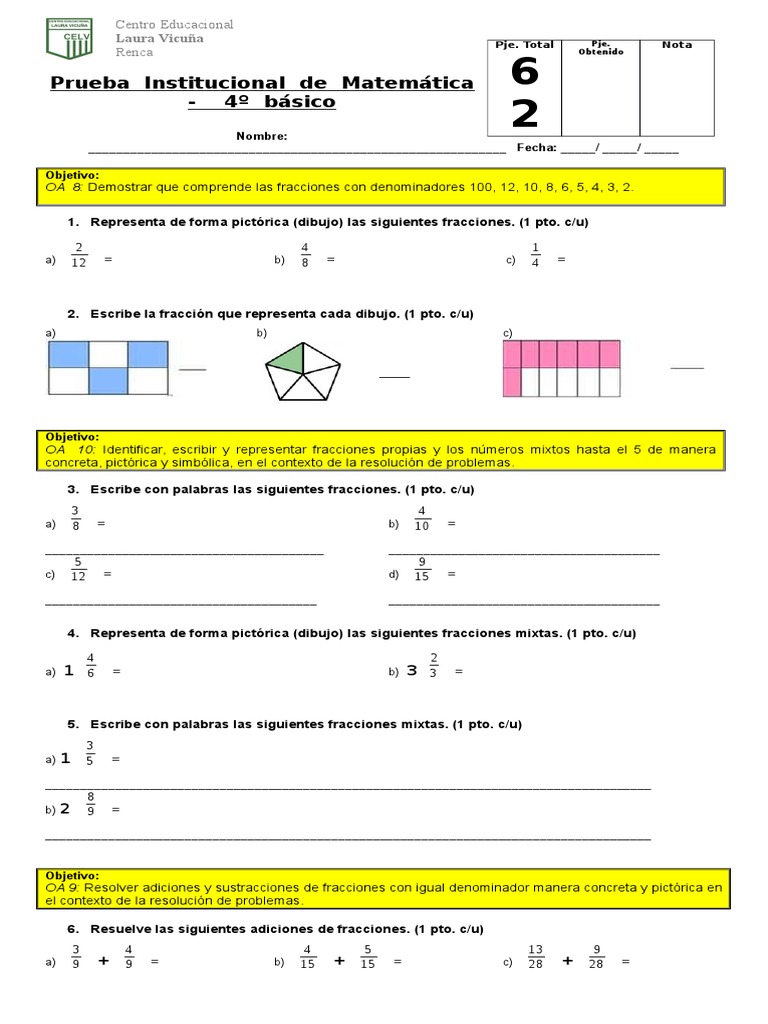 Prueba Fracciones y Decimales | Fracción (Matemáticas) | Notación