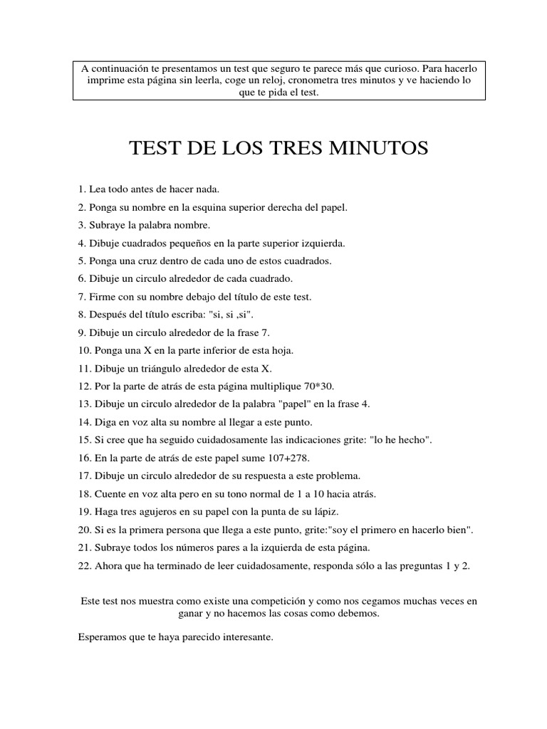 Test de los Tres Minutos: Instrucciones | PDF | Ocio | Deportes
