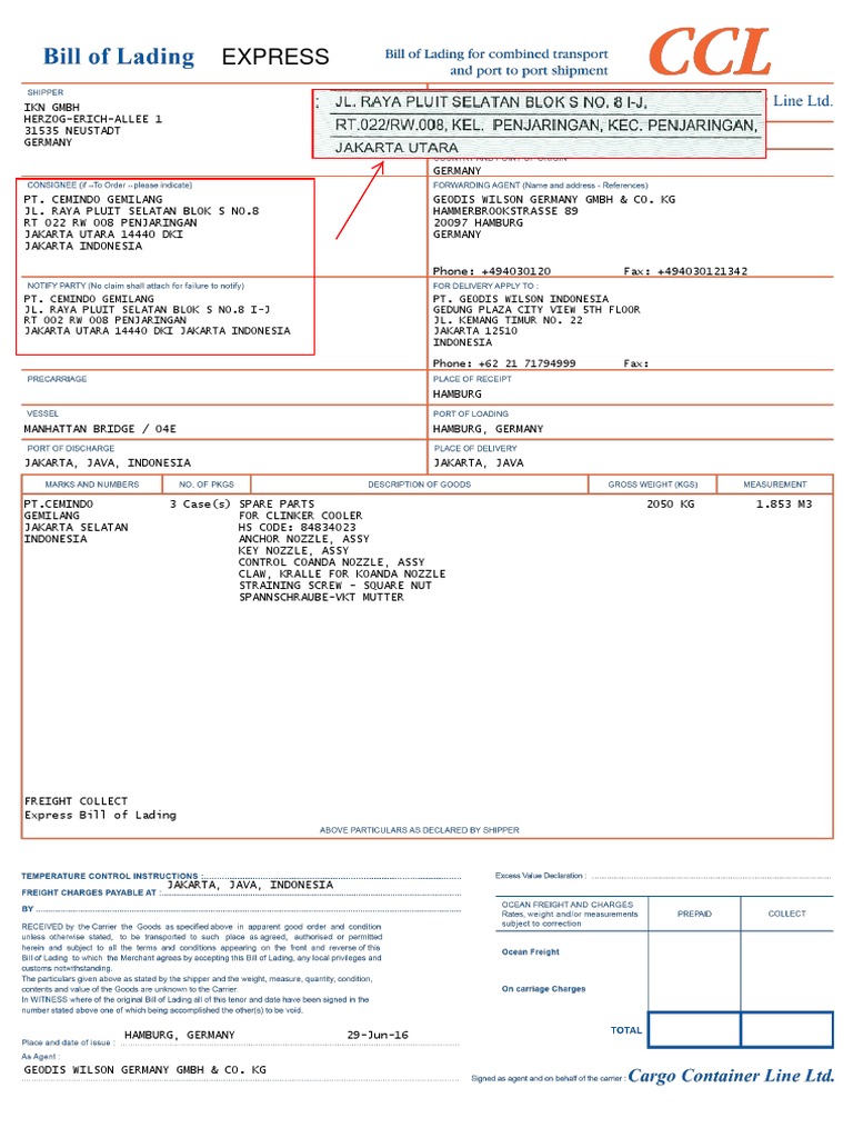 Bill of Lading CCL Cargo Container Line - HAMS16174728 (Marked) | PDF