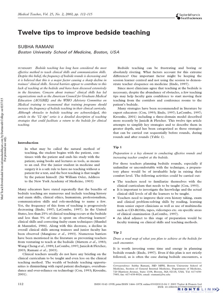 12 Tips For Bedside Teaching | PDF | Internal Medicine | Medicine