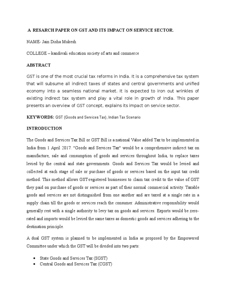 A Resarch Paper On GST and Its Impact On Service Sector | PDF