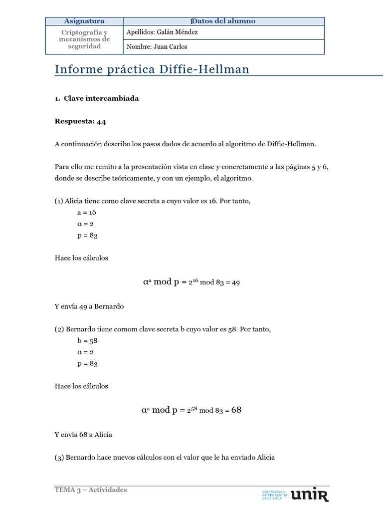 Práctica Diffie-Hellman Criptografía | PDF | Métodos y materiales de enseñanza