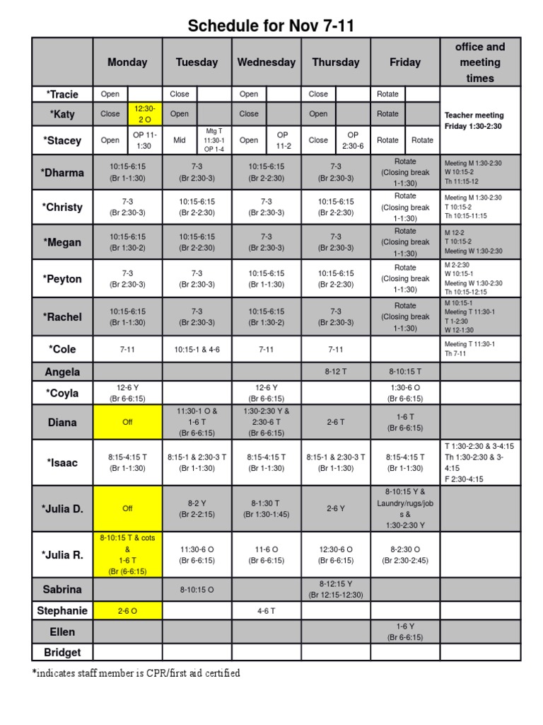 Weekly Schedule: Nov 7-11 Overview | PDF