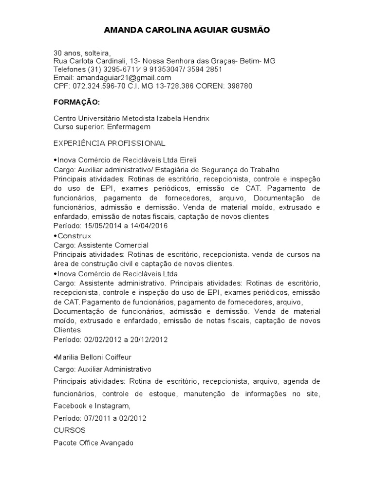 Amanda Curriculo Completo Atualizado | PDF