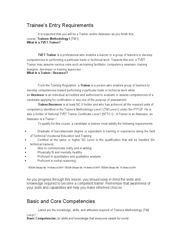 TVET Trainer Entry Requirements | PDF | Educational Assessment ...